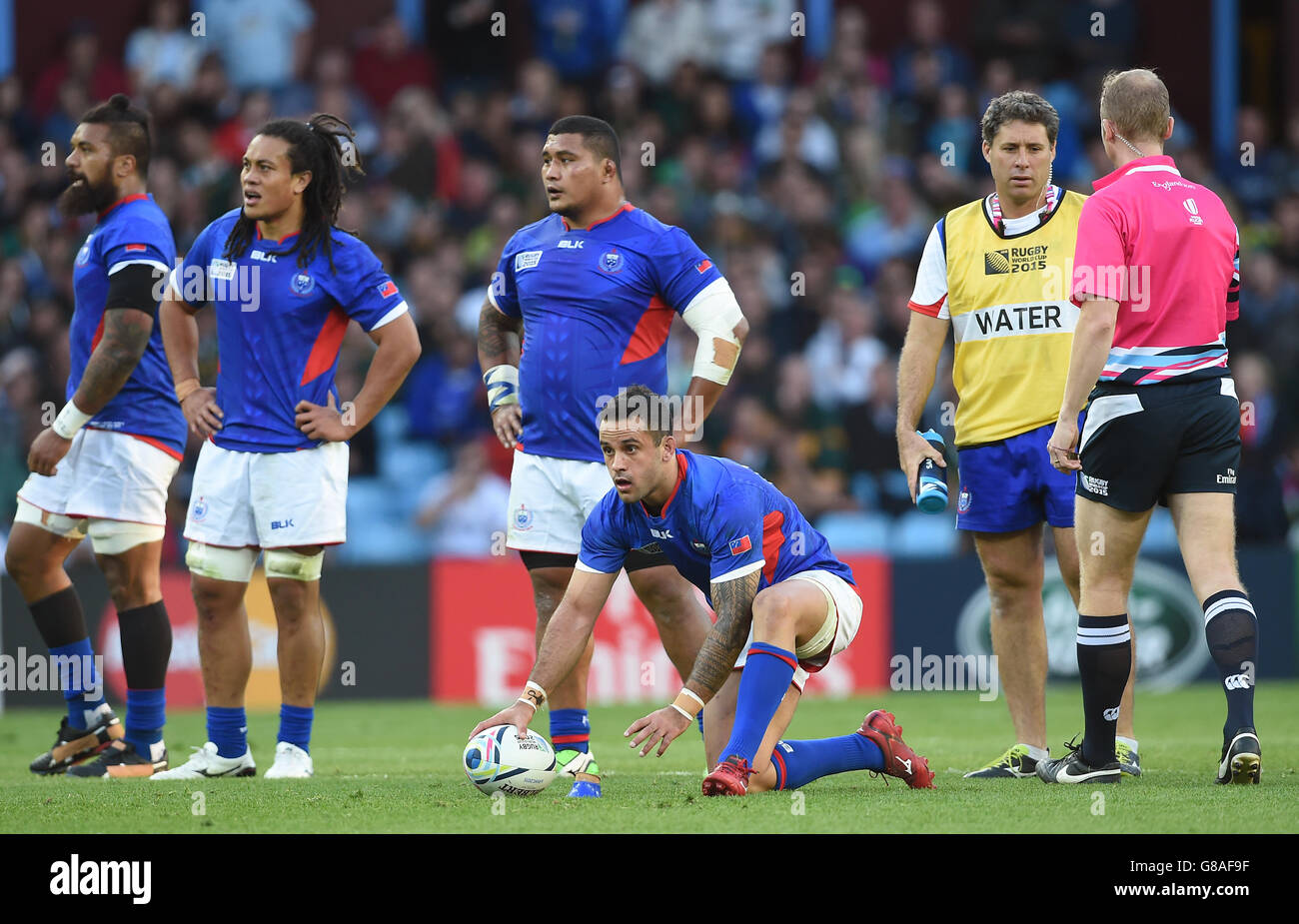 Samoa's Michael Stanley lines up a penalty during the Rugby World Cup ...
