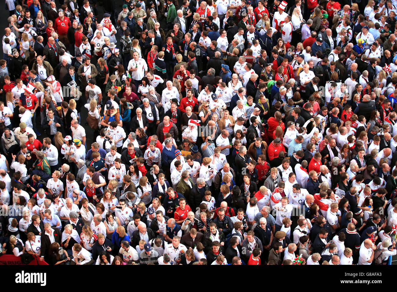 A general view looking down on a crowd of England and Wales supporters ...