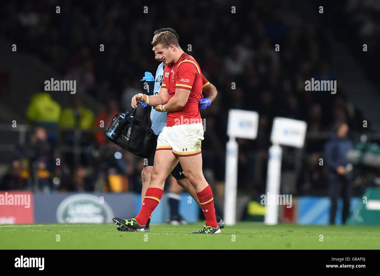 Wales' Hallam Amos leaves the field of play with an injury during the ...