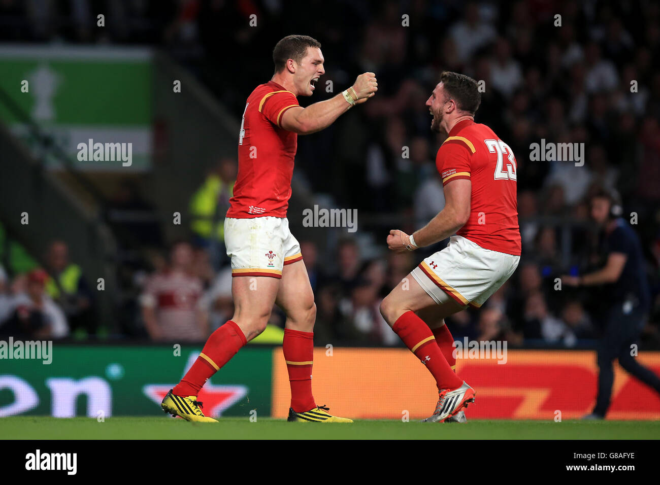 Wales' George North (left) and Alex Cuthbert (right) celebrate during ...