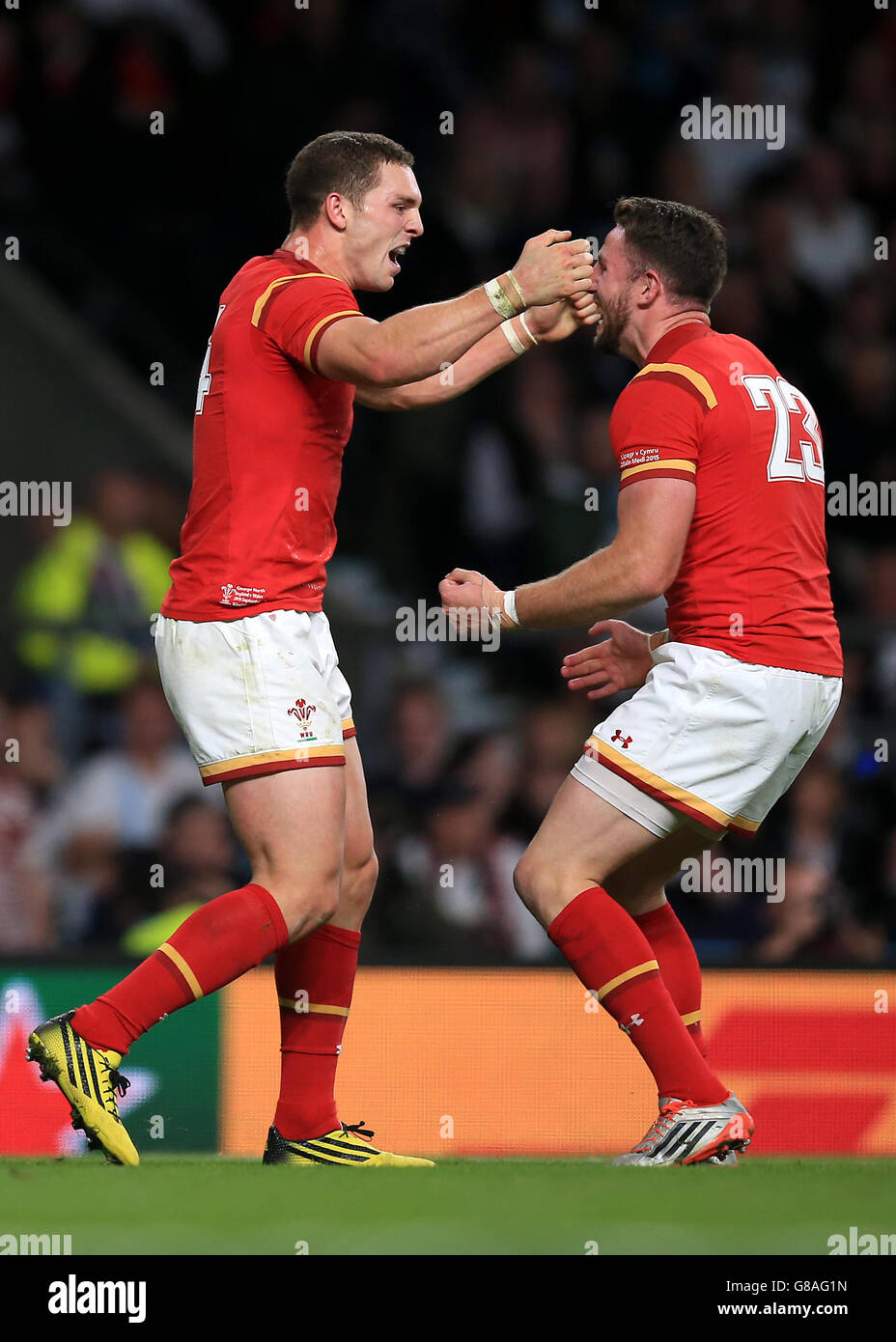 Wales' George North (left) and Alex Cuthbert (right) celebrate during ...
