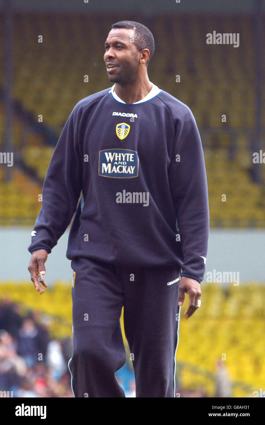 Lucas Radebe of Leeds United warms up ahead of his final appearance for ...
