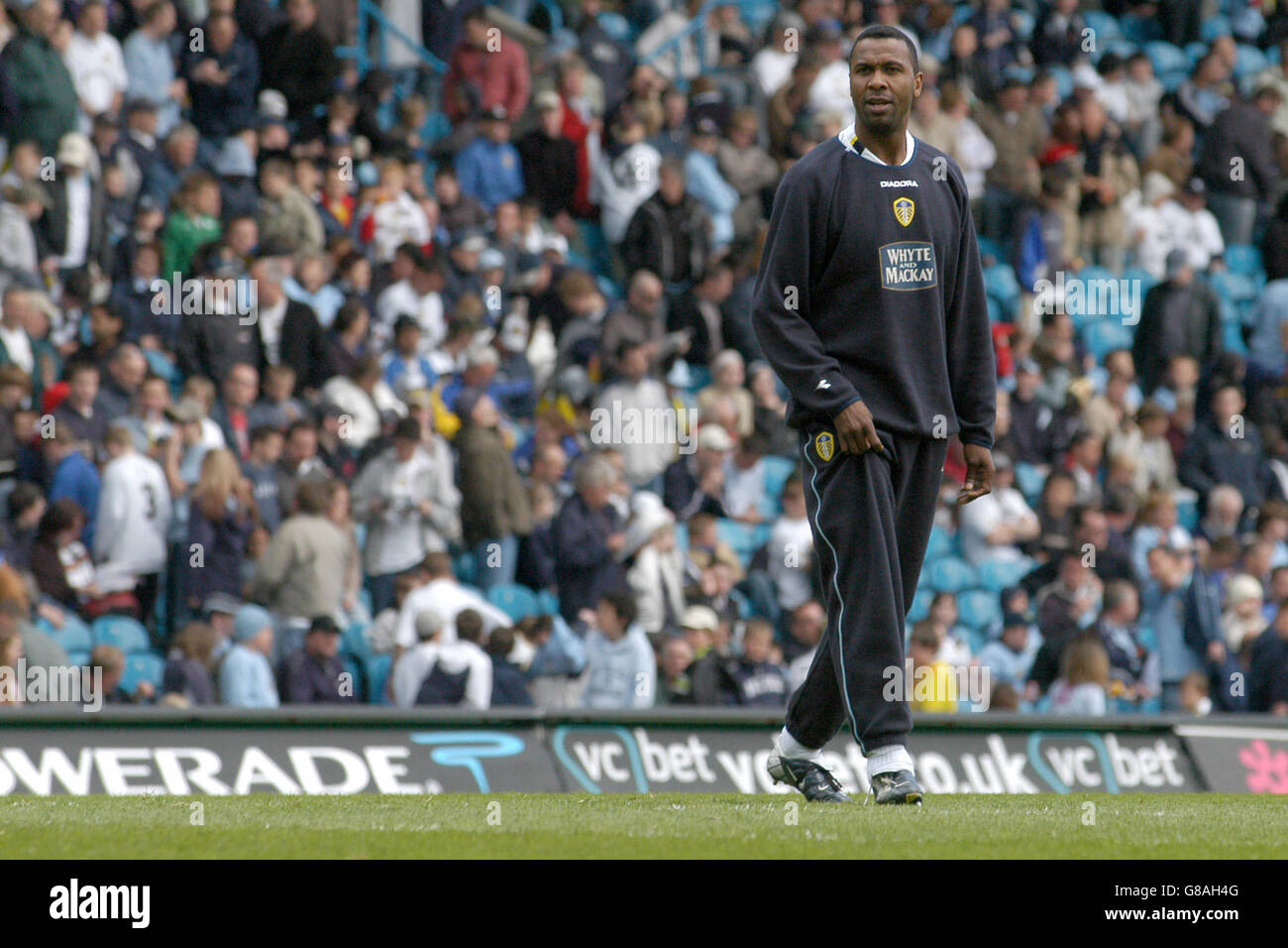 Lucas Radebe of Leeds United warms up ahead of his final appearance for ...