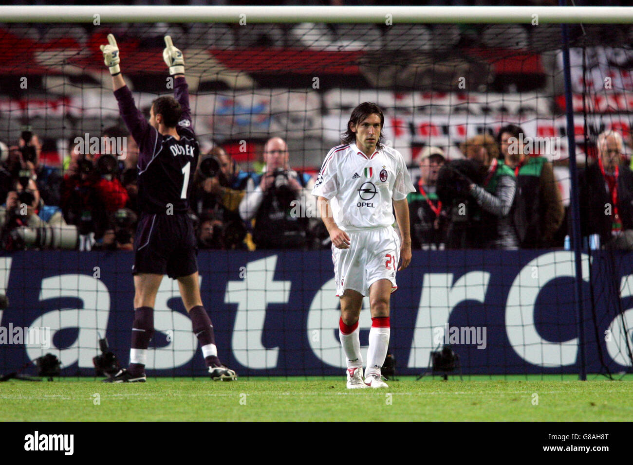 Liverpools jerzy dudek celebrates saving penalty from ac milans pirlo ...