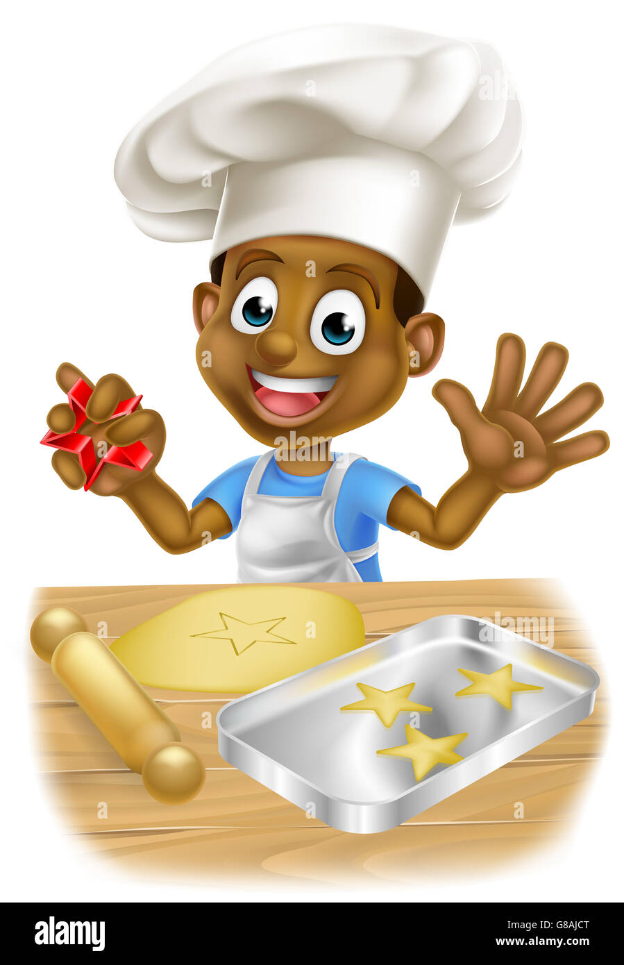 A happy cartoon black little boy child chef making cookies in a big ...
