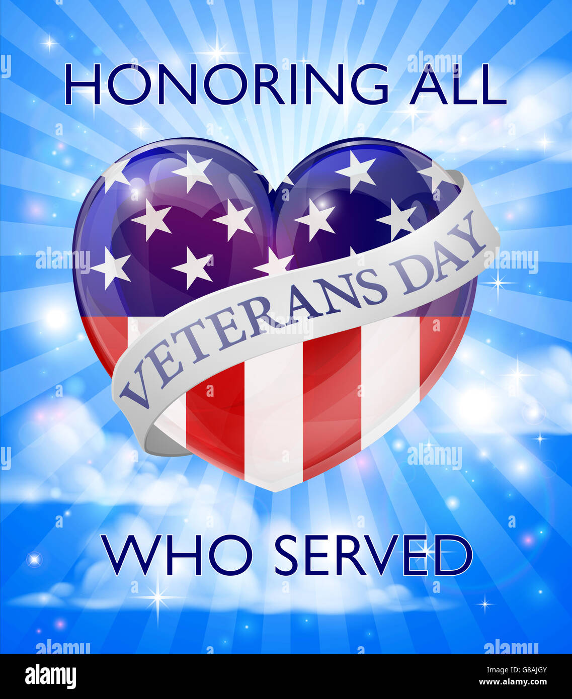 A Veterans Day design of a heart and American Flag with a sky ...