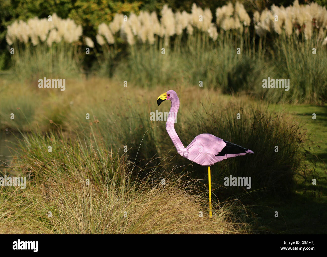 A Lego model of Flavia the flamingo at the preview of a Lego animal ...