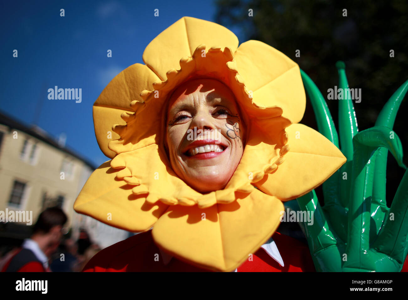 A Wales fan wearing a Daffodil hat outside the Millennium Stadium ...