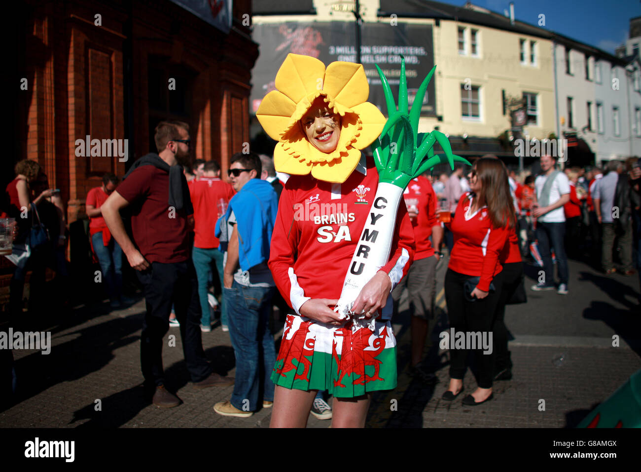 A Wales fan wearing a Daffodil hat outside the Millennium Stadium ...