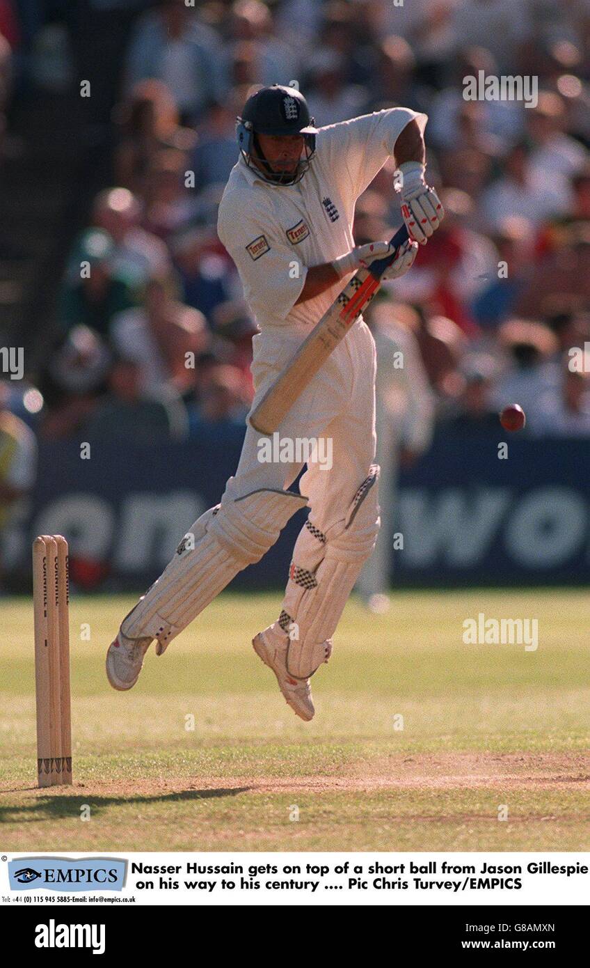 Nasser Hussain gets on top of a short ball from Jason Gillespie on his ...