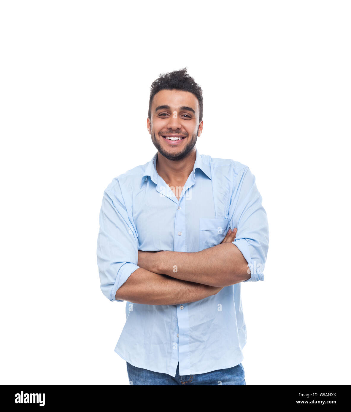 Casual Man Happy Smile Young Handsome Guy Folded Hands Stock Photo - Alamy