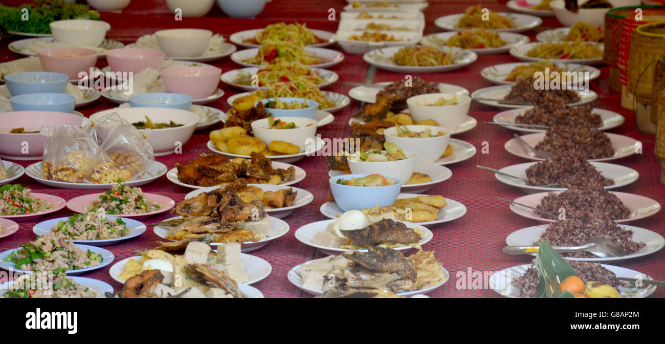Set of thai foods for offering food to the monk at temple in Donsawan ...