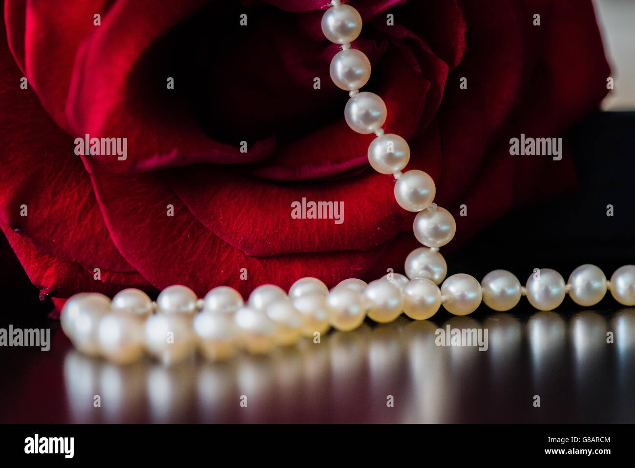 Pearl necklace and red rose Stock Photo - Alamy