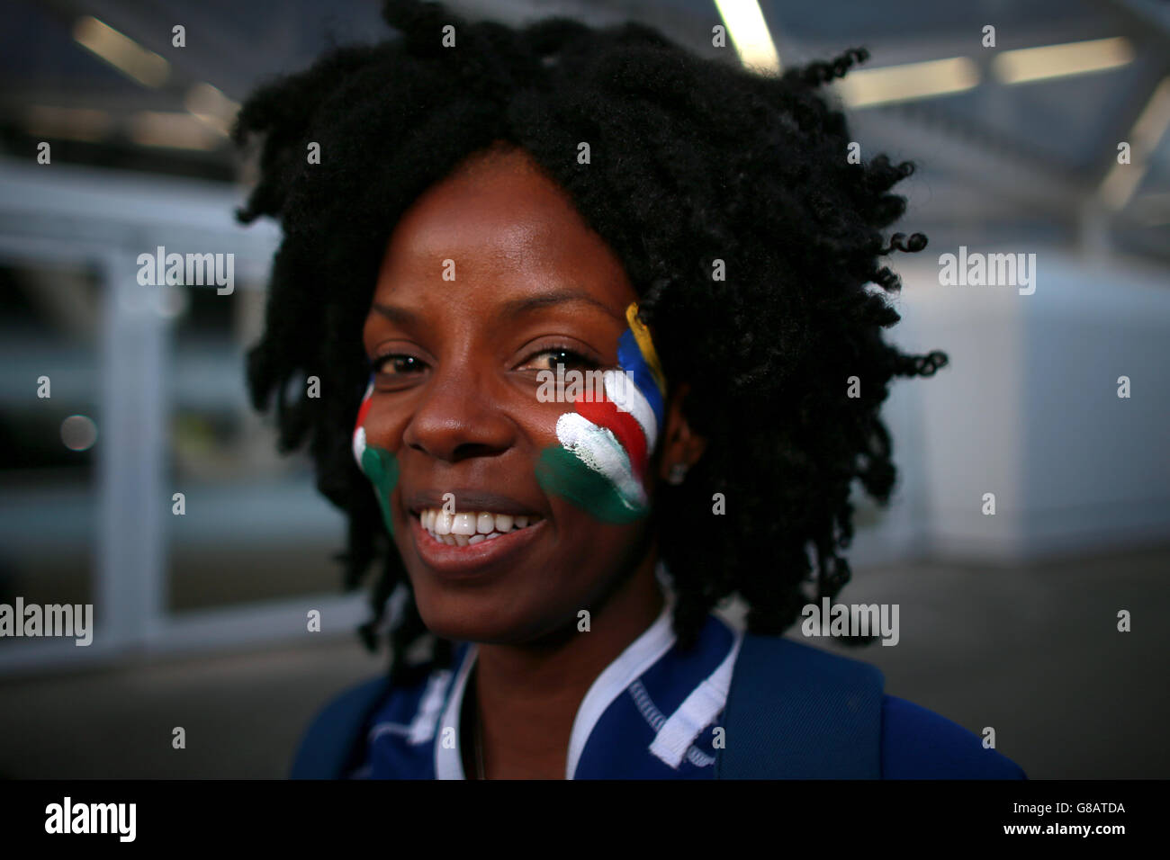 A Namibia fan shows her support outside the ground before the Rugby ...