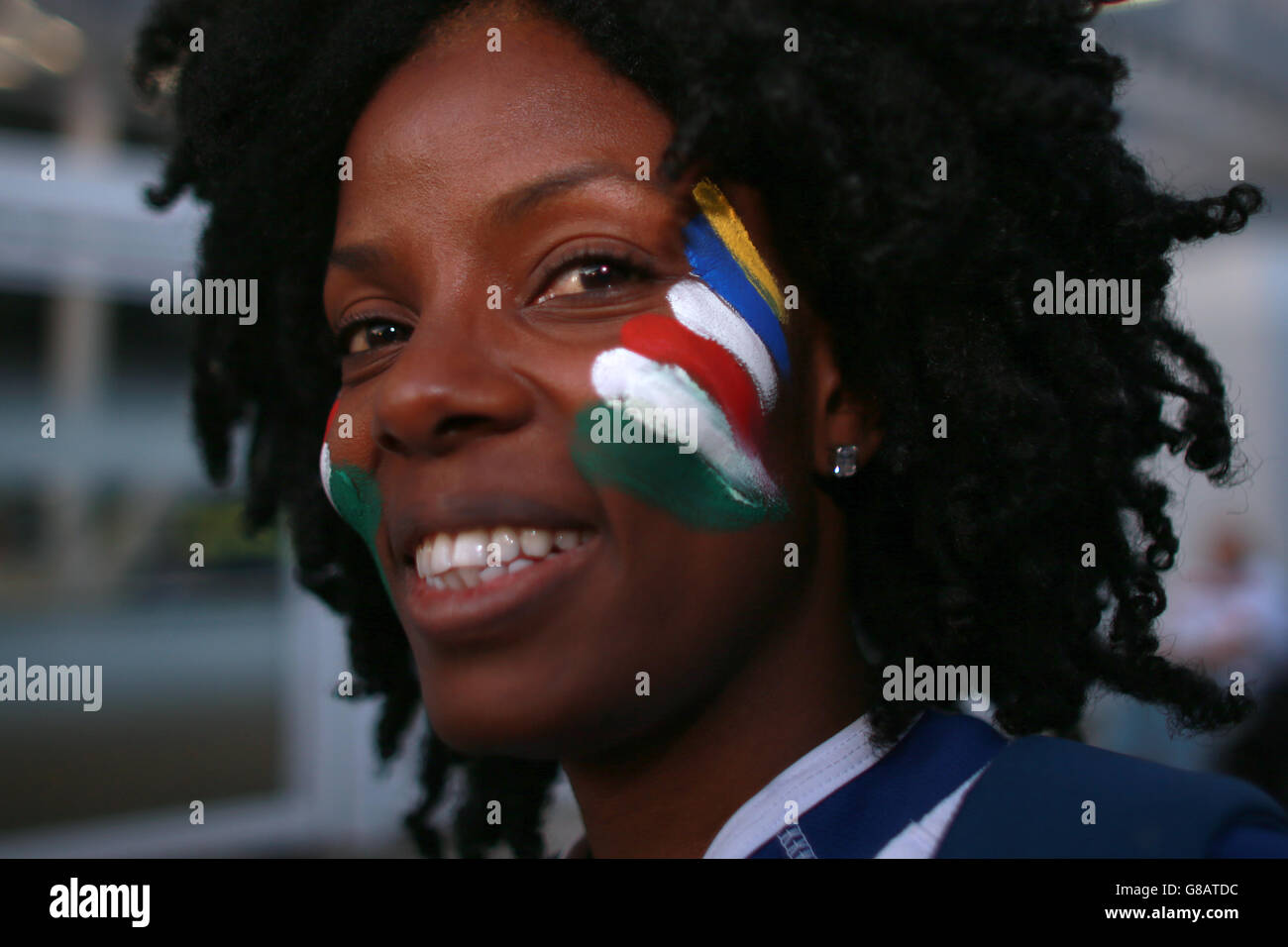 A Namibia fan shows her support outside the ground before the Rugby ...
