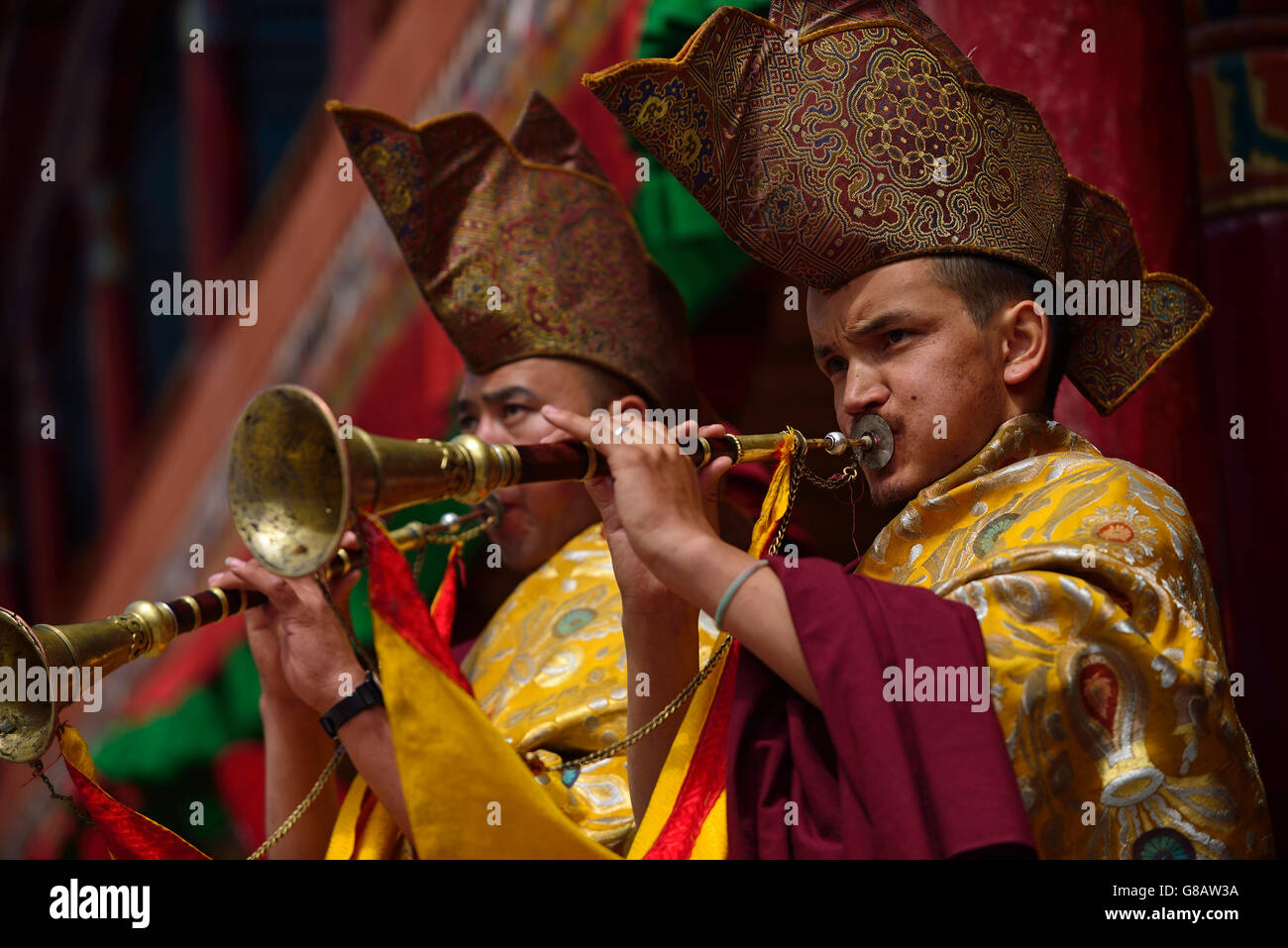Monks with wind instruments, Hemis Festival, Hemis Monastery, Ladakh ...