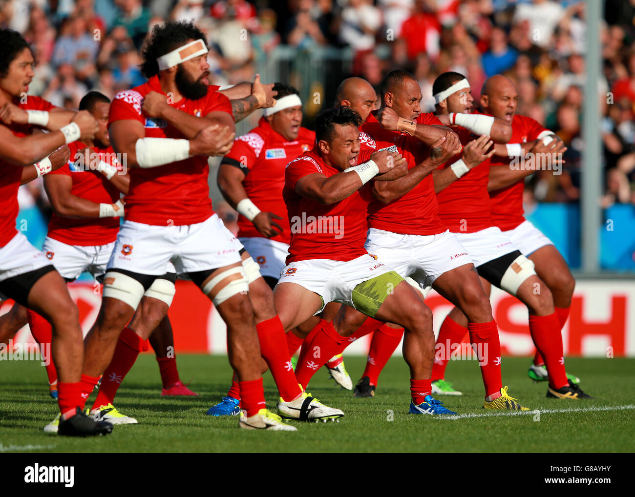 Tonga players perform the Sipi Tau before the Rugby World Cup match at ...