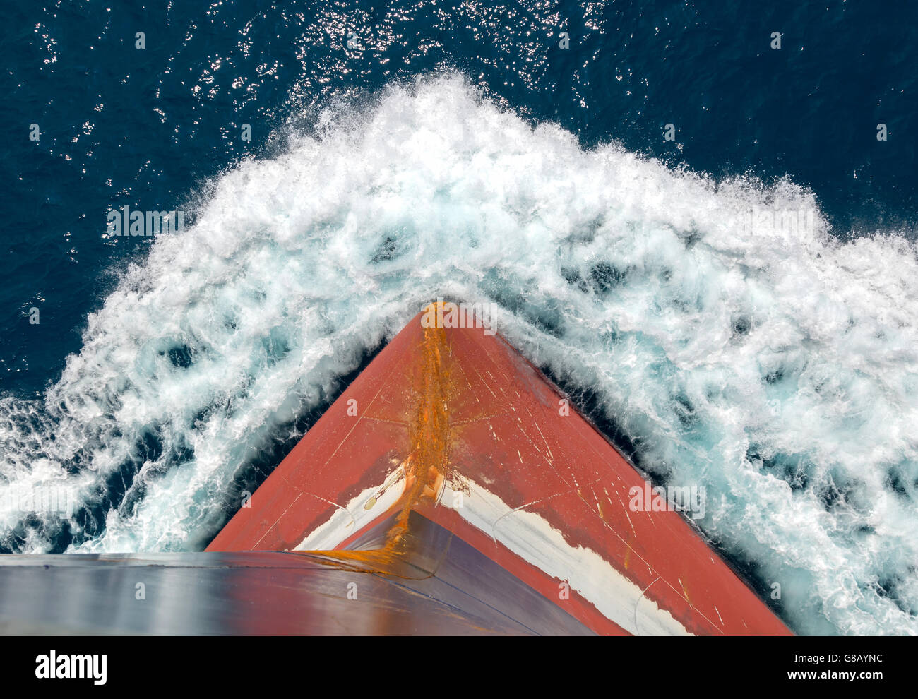 Iron bulb in the bow of a big tanker sailing - view from the deck Stock ...
