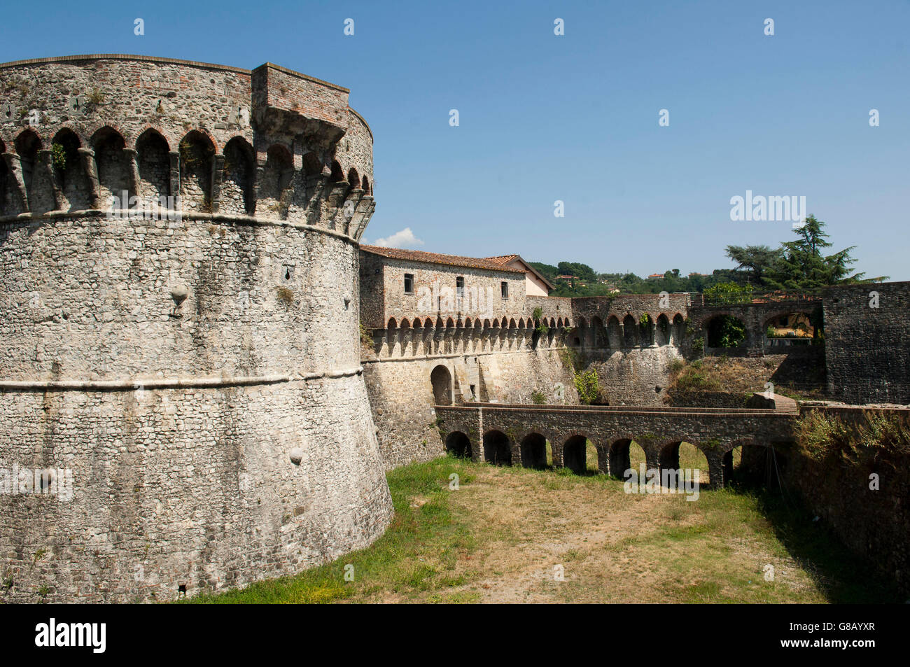 view of round dungeon on ancient Castle dry moat, shot on a sunny ...