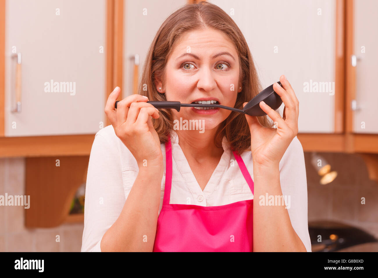 Cooking and preparing food meal concept. Thoughtful wondering and ...