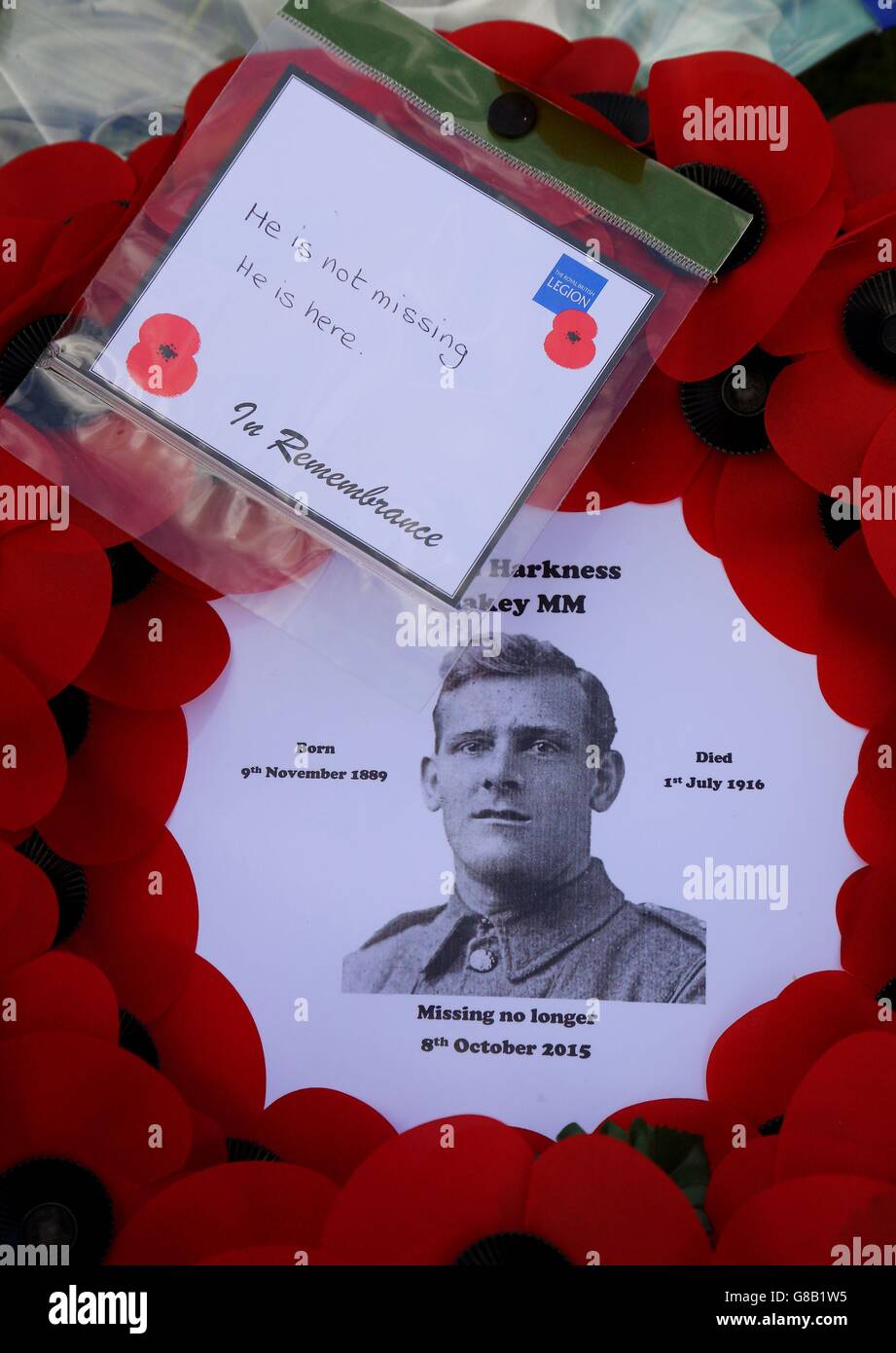A wreath dedicated First World War soldier Sgt. David Harkness, as he ...