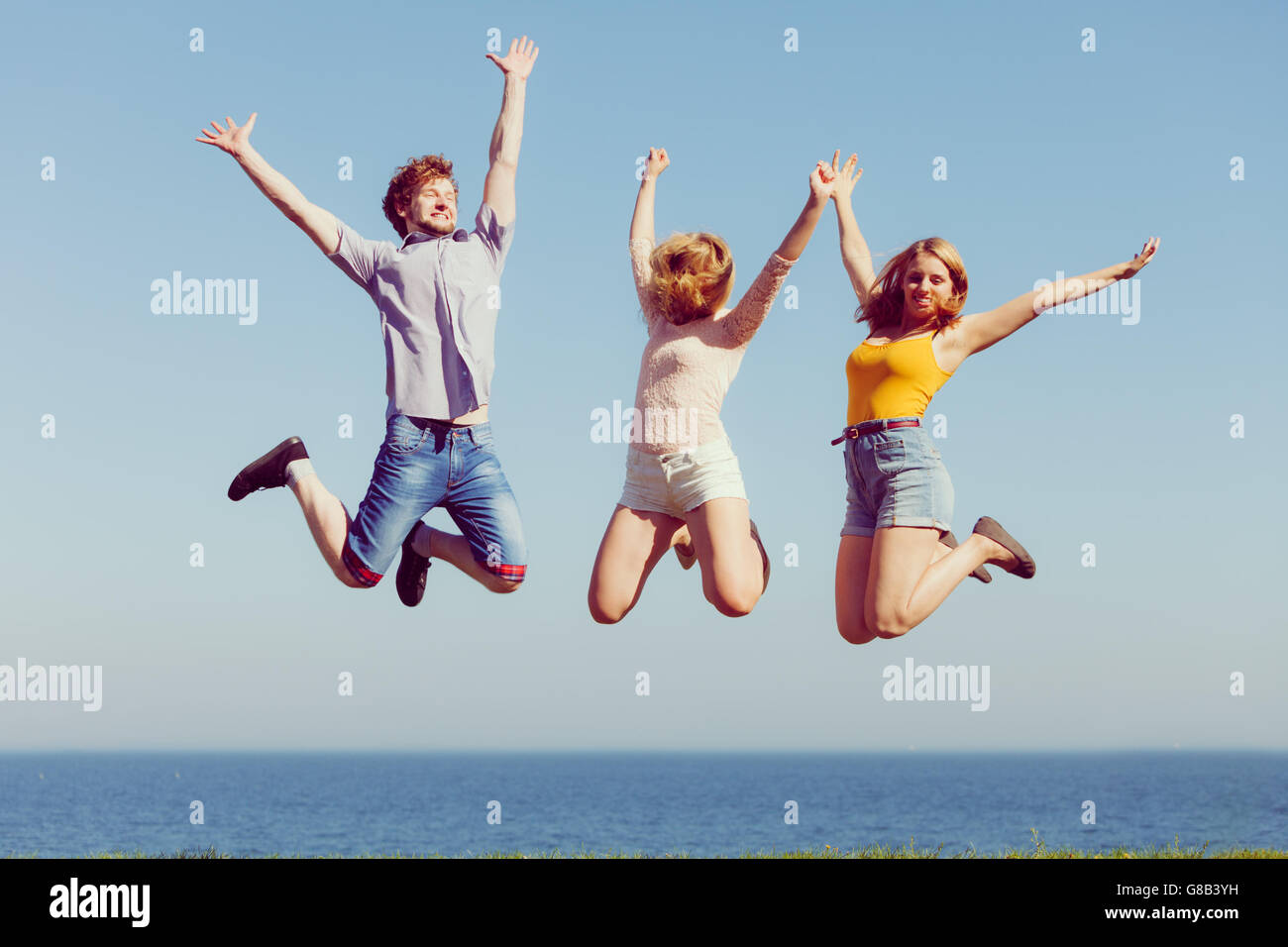 Friendship freedom summer holidays concept. Group of friends boy two ...