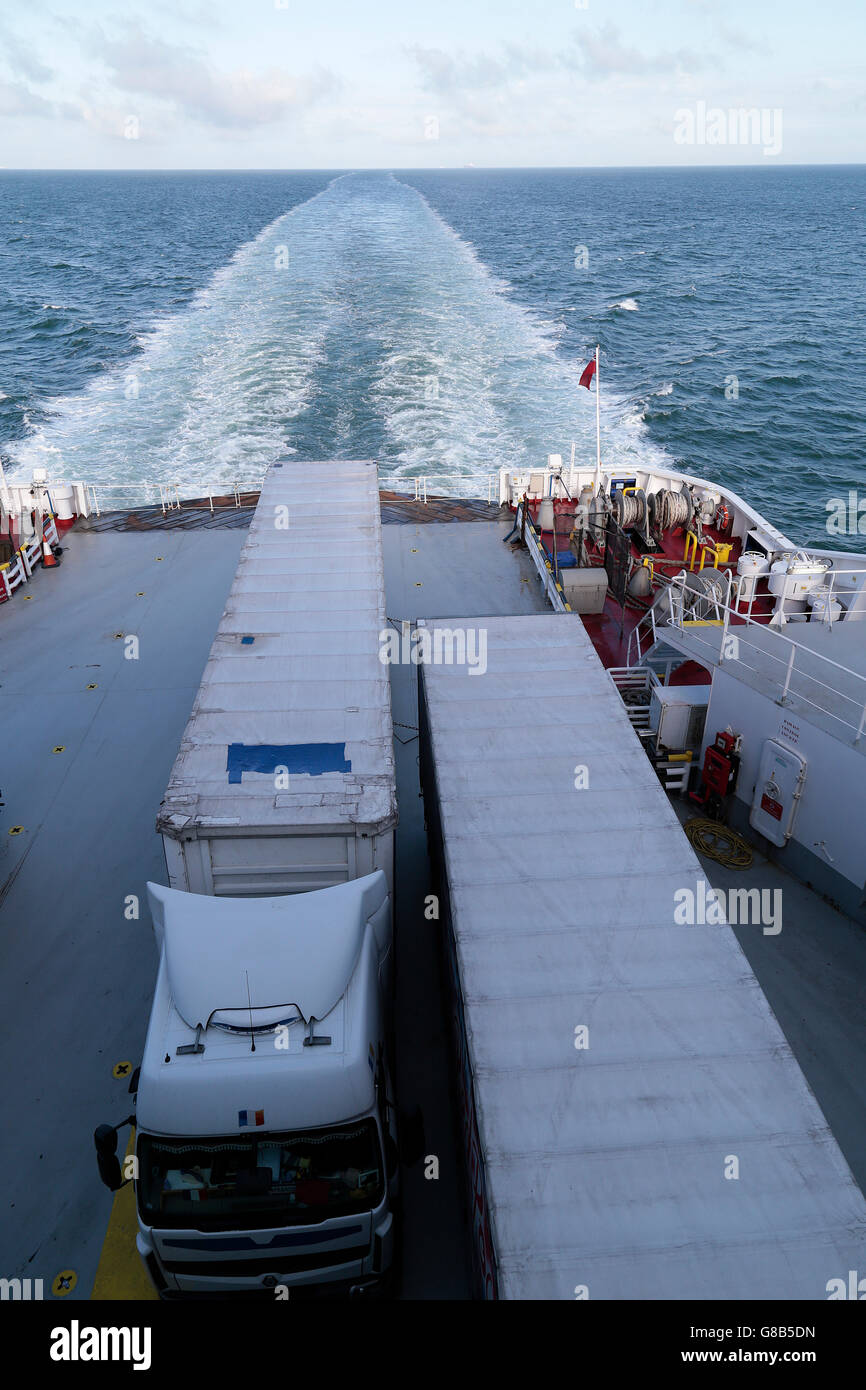 frieght lorries on board a ferry boat sailing across the Engliish ...