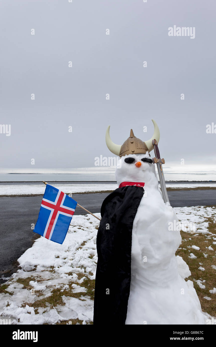 Snowman dressed as a Viking with an Icelandic flag, Seltjarnarnes ...
