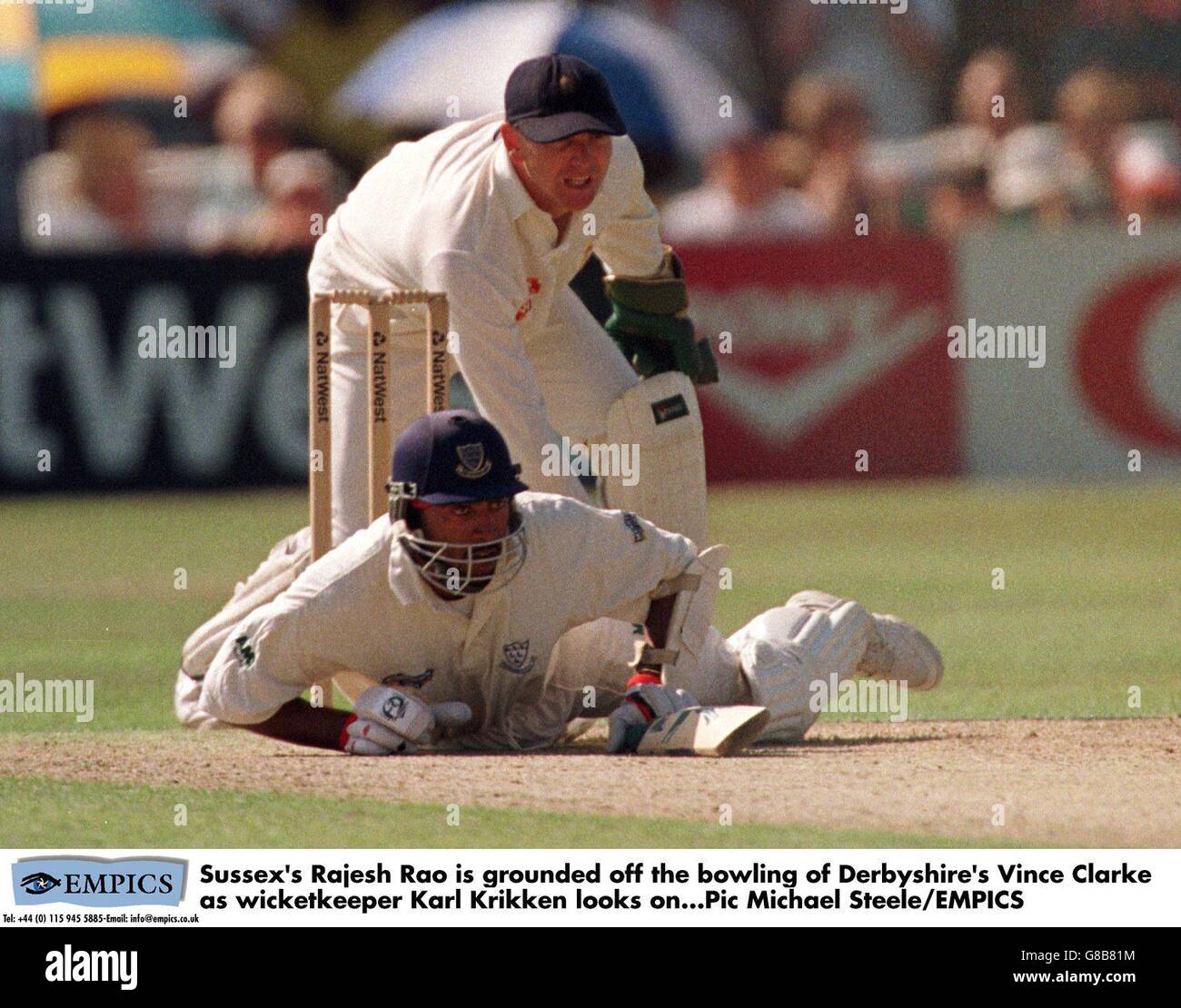 Sussex's Rajesh Rao is grounded off the bowling of Derbyshire's Vince ...