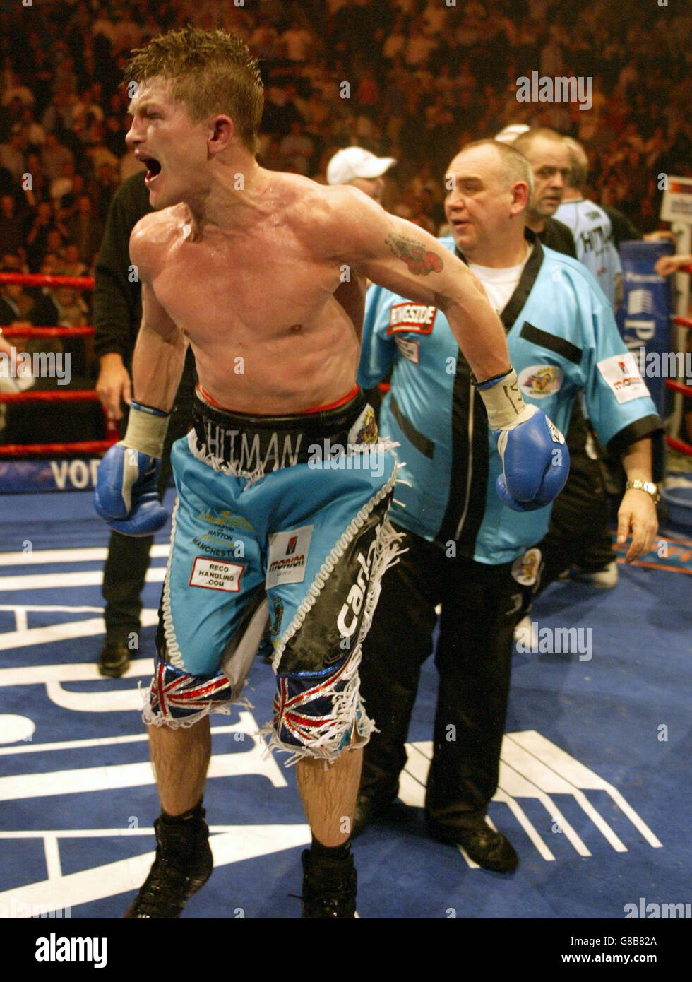 Ricky Hatton jumps around the ring in celebration after his victory ...