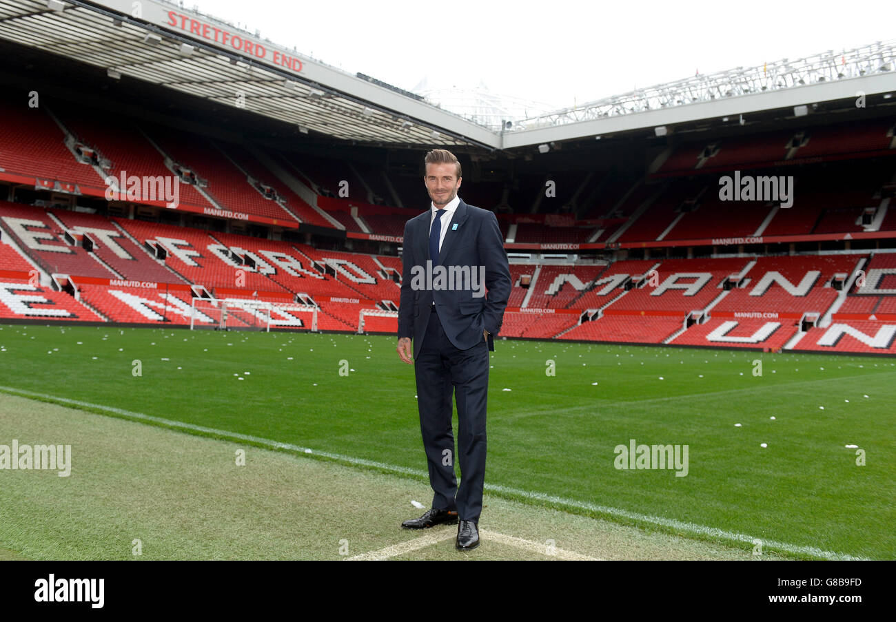 David Beckham stands on the Old Trafford pitch to launch the upcoming ...