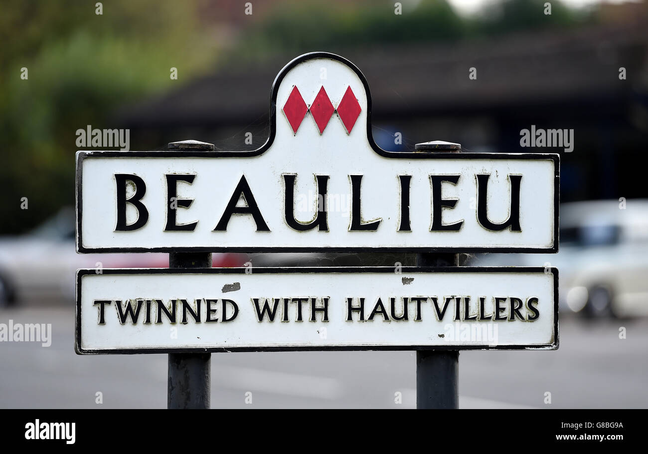 General view of a road sign for Beaulieu Village in the New Forest ...
