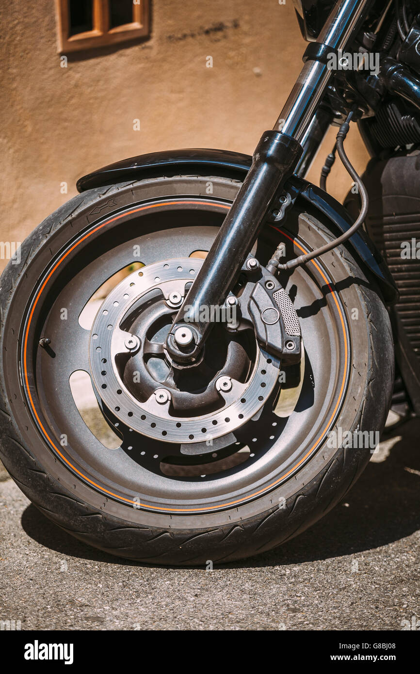 Motorcycle Front wheel and brake systems for motorcycles close up Stock ...