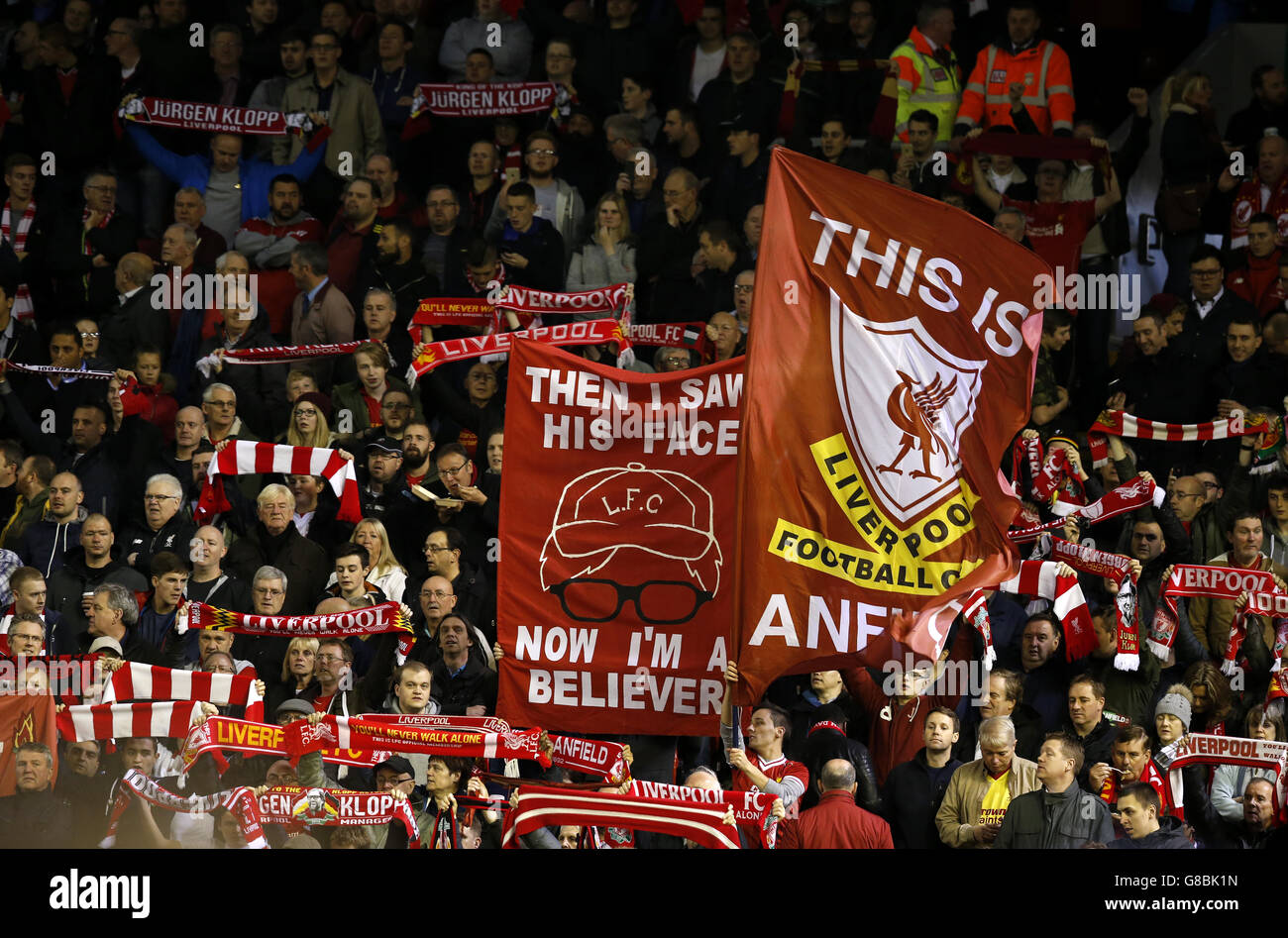 Liverpool fans hold signs dedicated to manager Jurgen Klopp during the ...