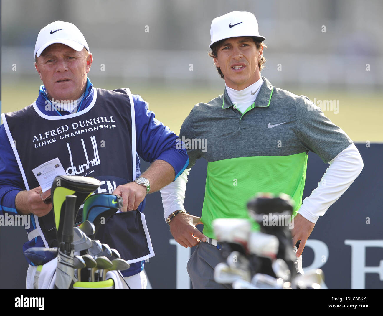 Thorbjorn Olesen speaks with his caddy before teeing off at the second ...