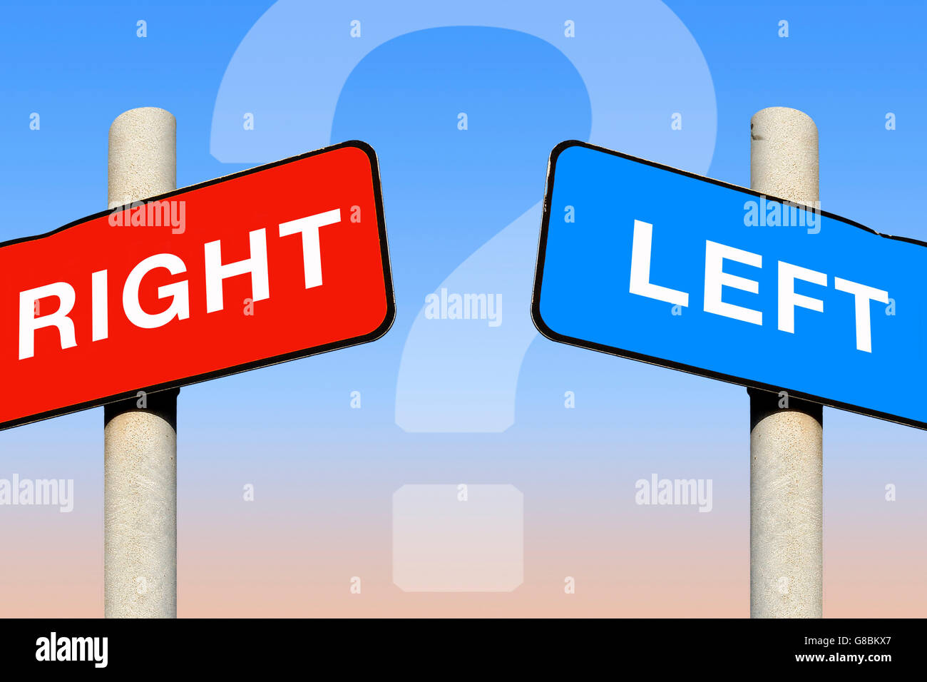 Left and right signs with a question mark against a blue sky Stock ...