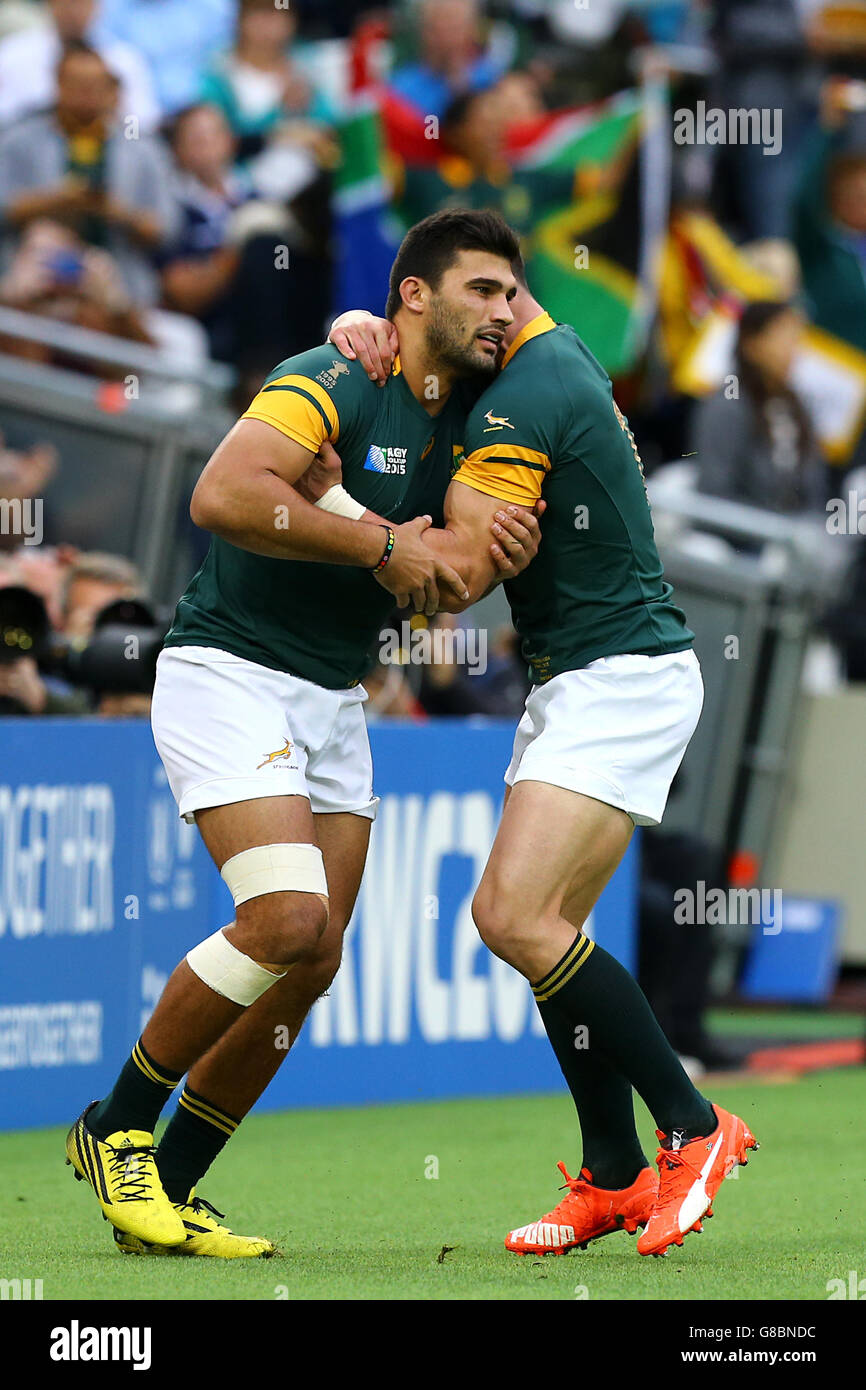 South Africa's Damian De Allende celebrates scoring their first try of ... South Africa's Damian De Allende celebrates scoring their first try of ...