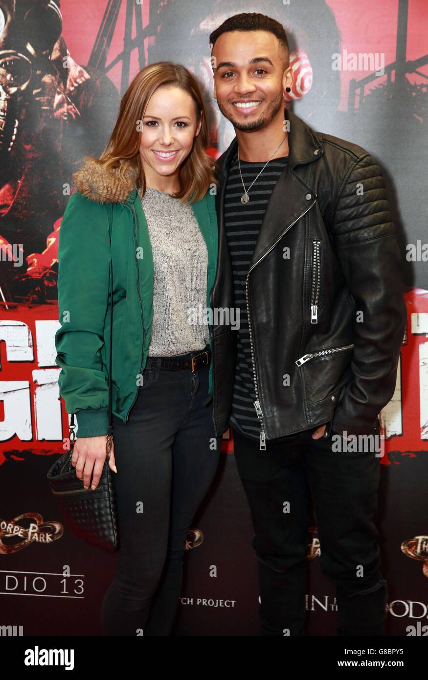 EDITORIAL USE ONLY Aston Merrygold with Sarah Richards arrive at Thorpe ...