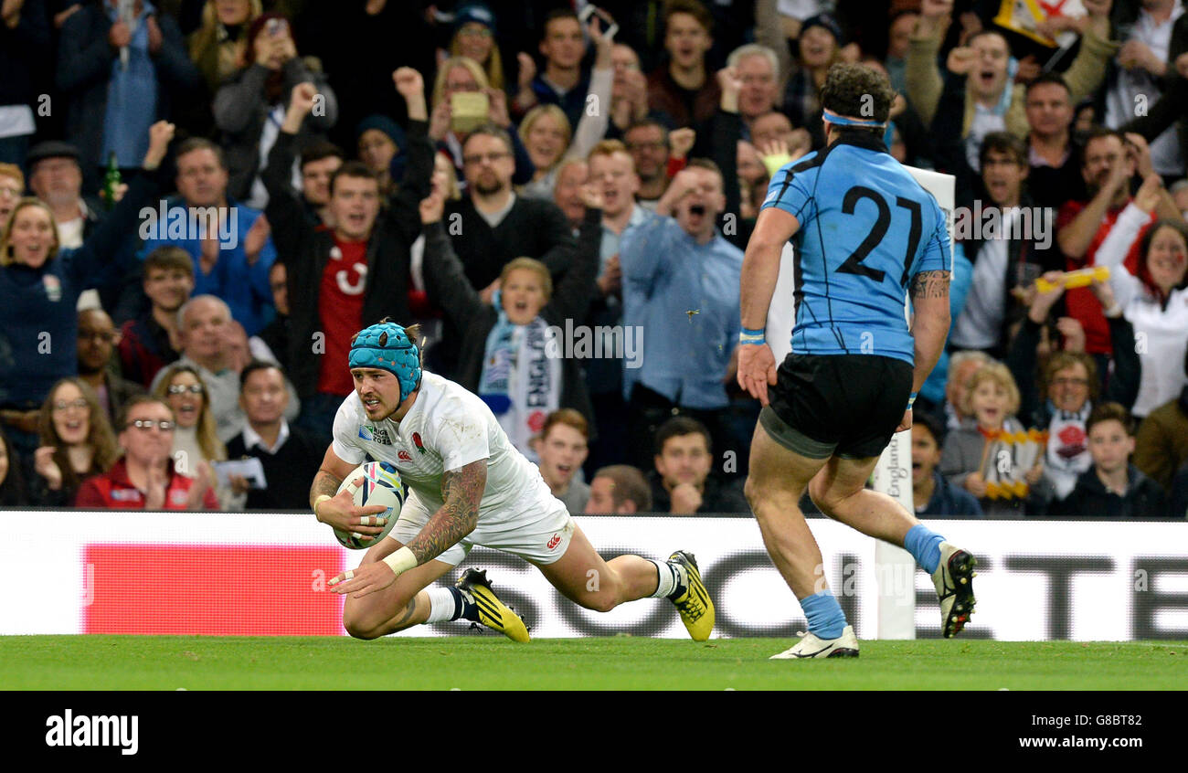 England's Jack Nowell scores a try and completes his hat-trick during ...