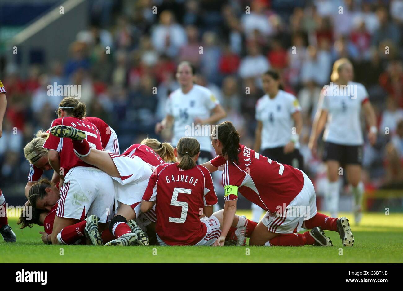 Denmark's celebrate Merete Pedersen's equalising free kick Stock Photo - Alamy