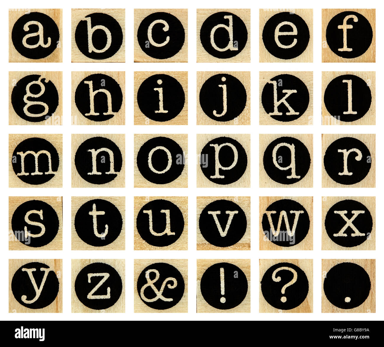 English alphabet lowercase, collage of isolated wood letterpress ...