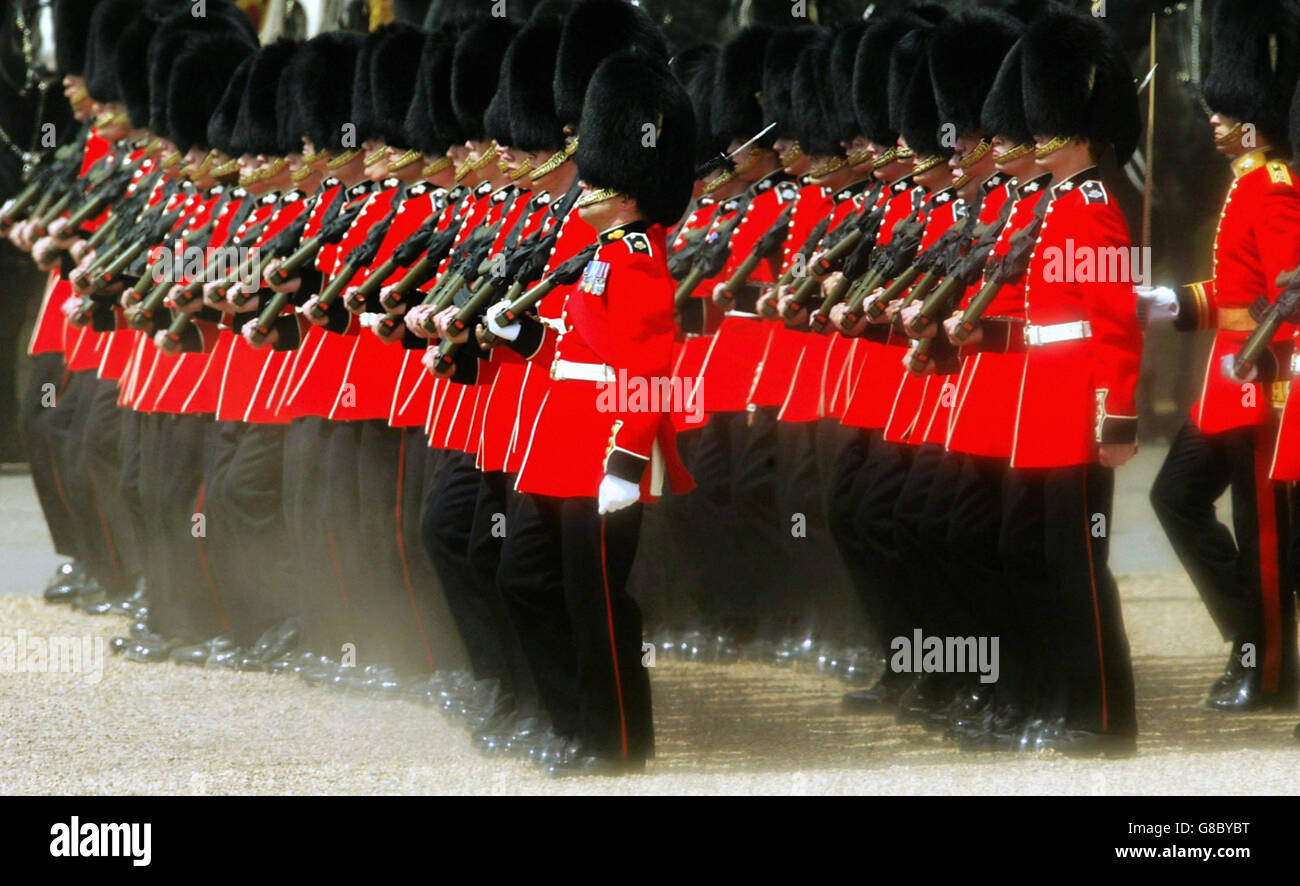 Troops march on the spot during the annual Trooping the Colour parade ...