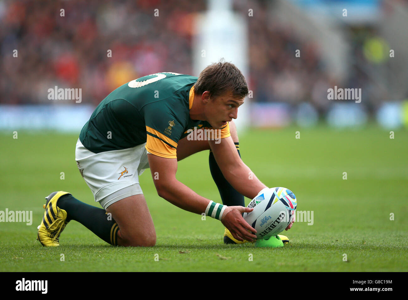 South Africa's Handre Pollard places the ball before kicking a penalty ...