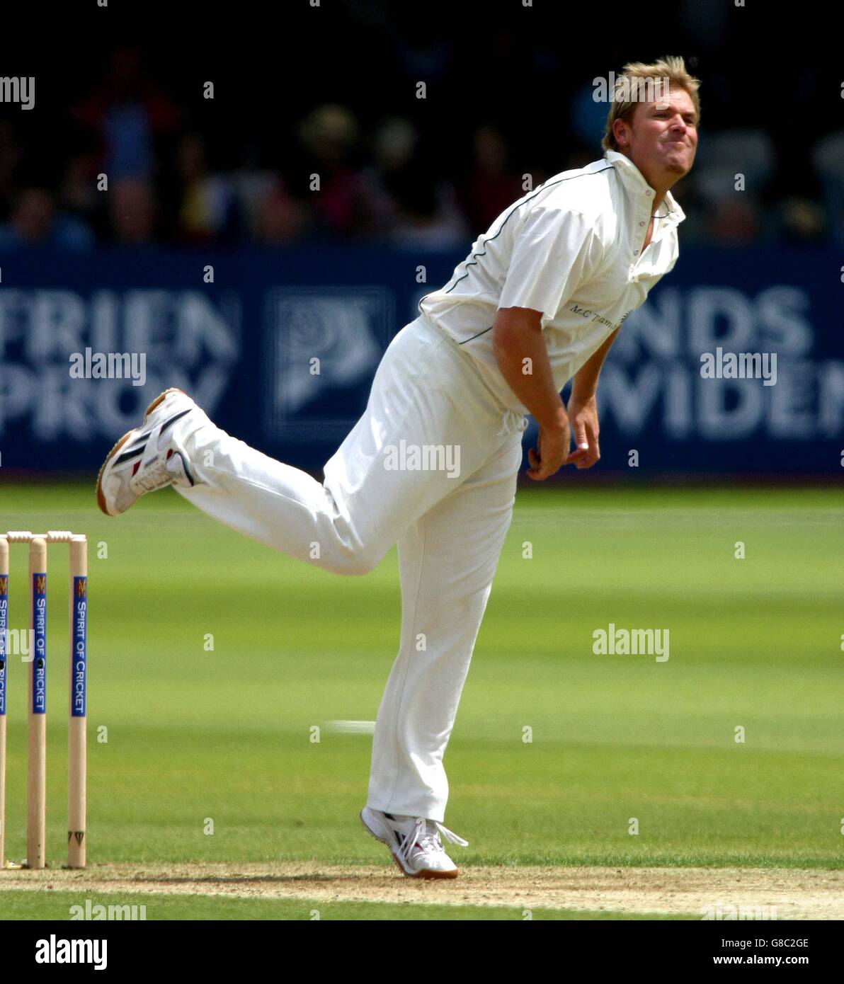 The International XI's Shane Warne bowling against the MCC at Lords ...