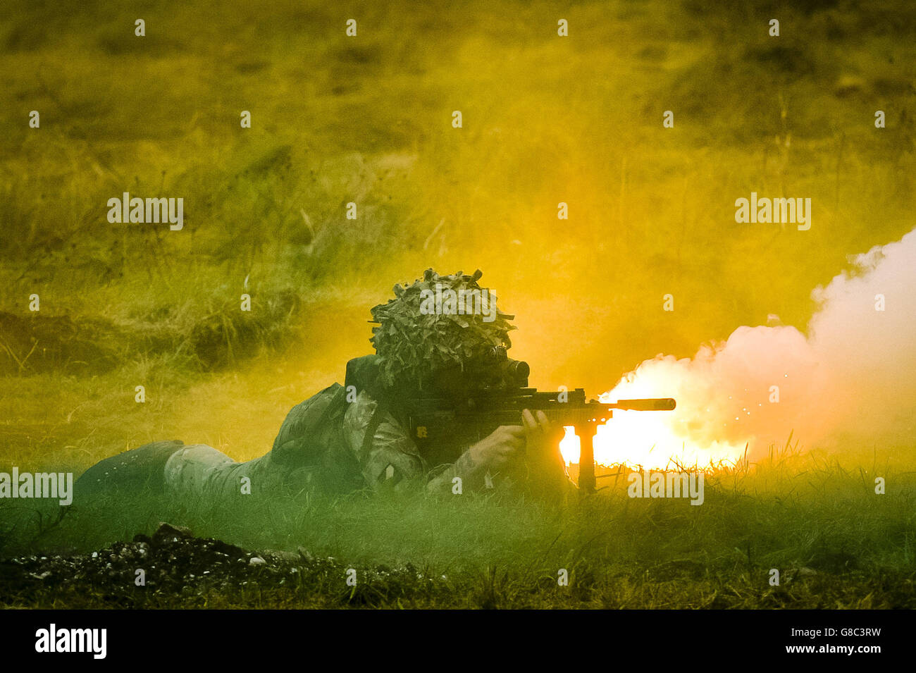 British army soldiers attack and move forward supported by armour hi ...