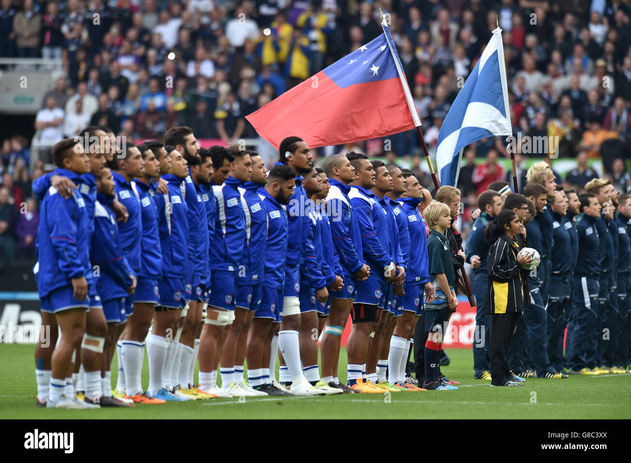 Scotland and Samoa line up to sing their national anthems during the ...
