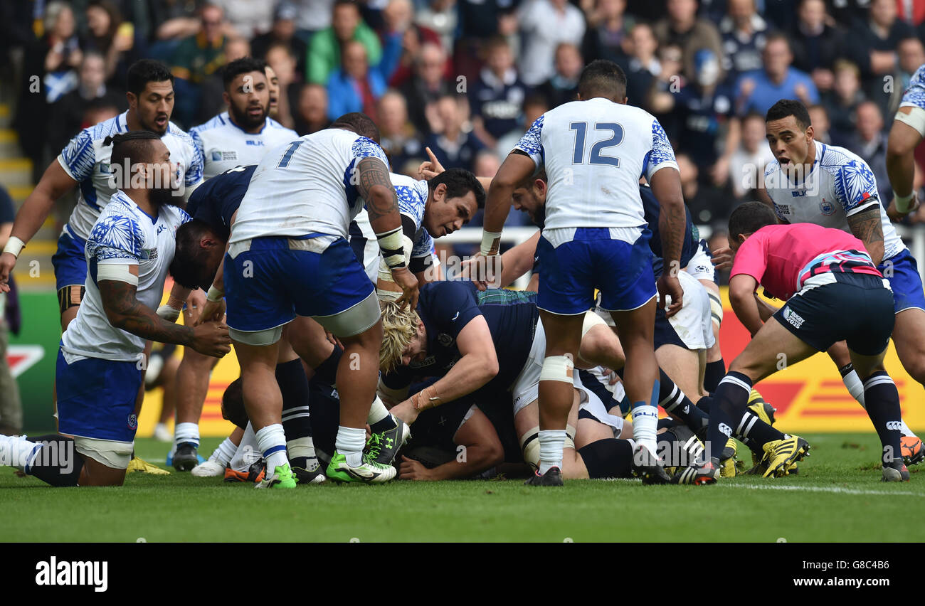 Scotland's John Hardie (hidden) scores their second try during the ...