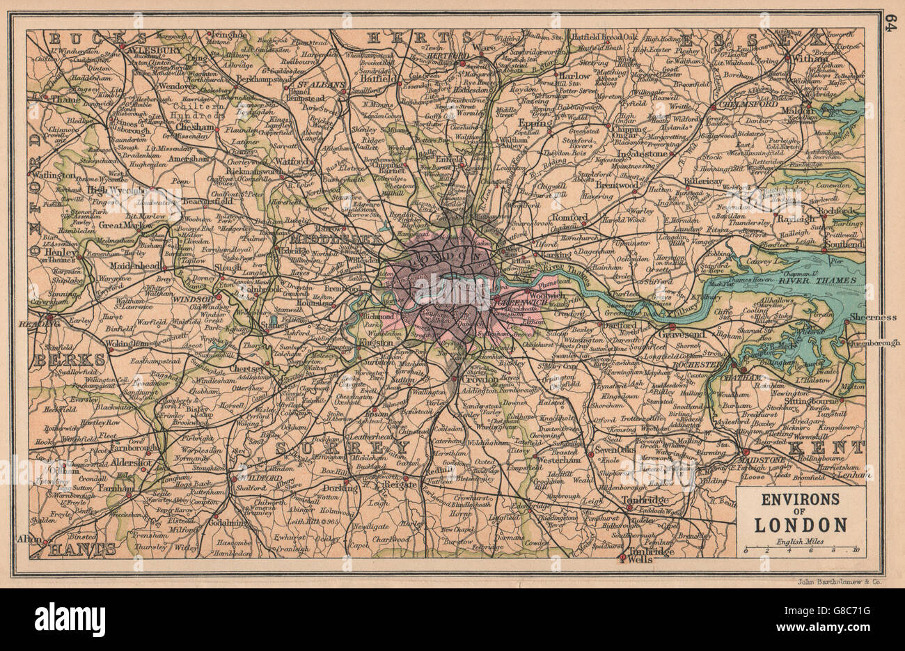 LONDON & HOME COUNTIES: Railways & roads. BARTHOLOMEW, 1913 antique map ...