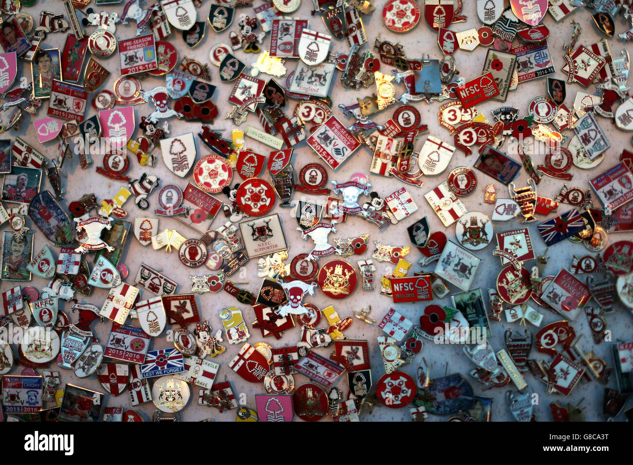 Nottingham Forest badges on sale outside the City Ground Stock Photo ...