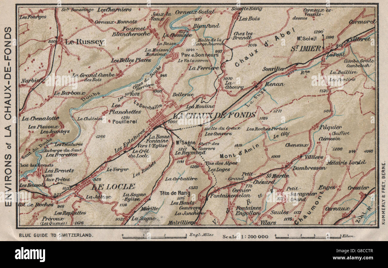 LA CHAUX-DE-FONDS ENVIRONS. Vintage map. Le Locle. St-Imier ...